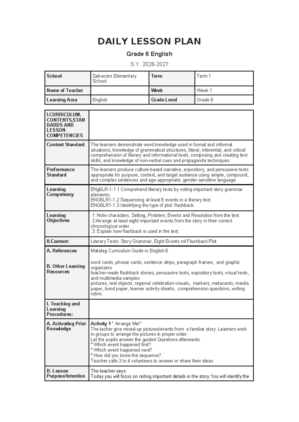 DAILY LESSON PLAN: Grade 6 English - Term 1, Week 1 - Studocu