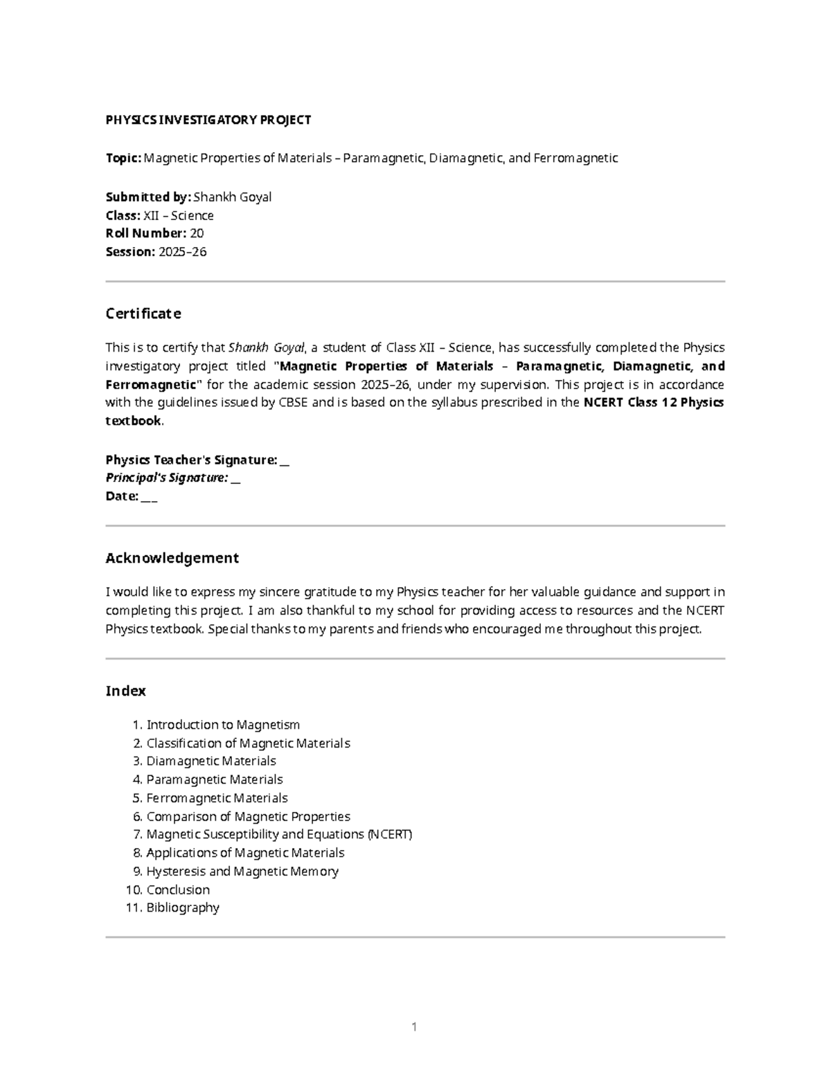 PHYSICS INVESTIGATORY PROJECT: Magnetic Properties of Materials (Class ...