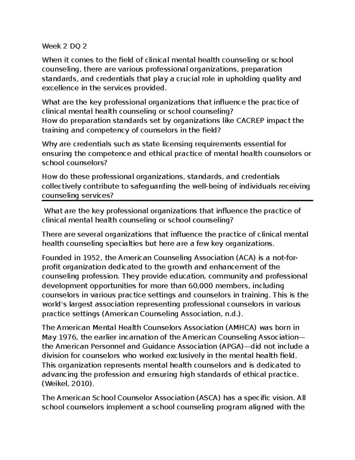 CNL-505 Week 2 DQ 2 - Key Organizations & Standards in Counseling - Studocu