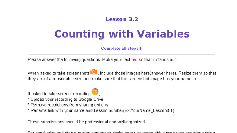 Lesson 3.2: Counting with Variables - Complete Guide and Instructions ...