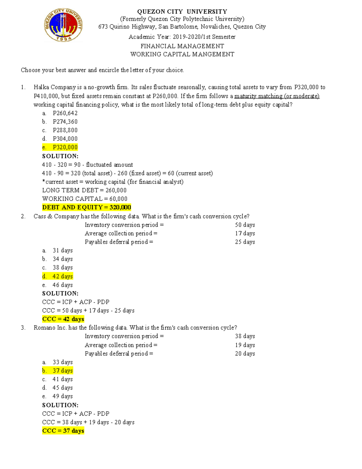 Working Capital Management - Quiz (FIN 101) - Studocu