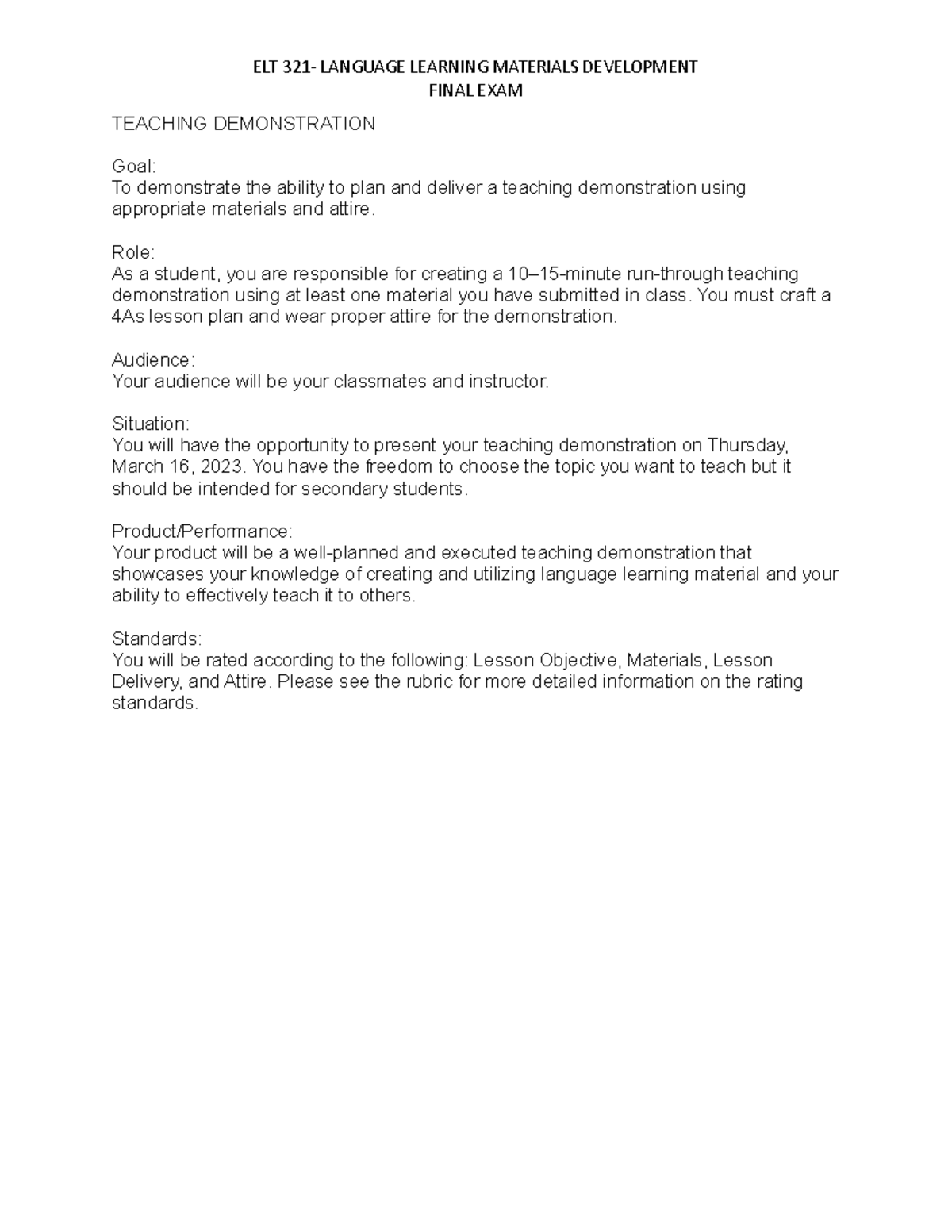 ELT 321 Final Exam: Teaching Demonstration Guidelines and Rubric - Studocu