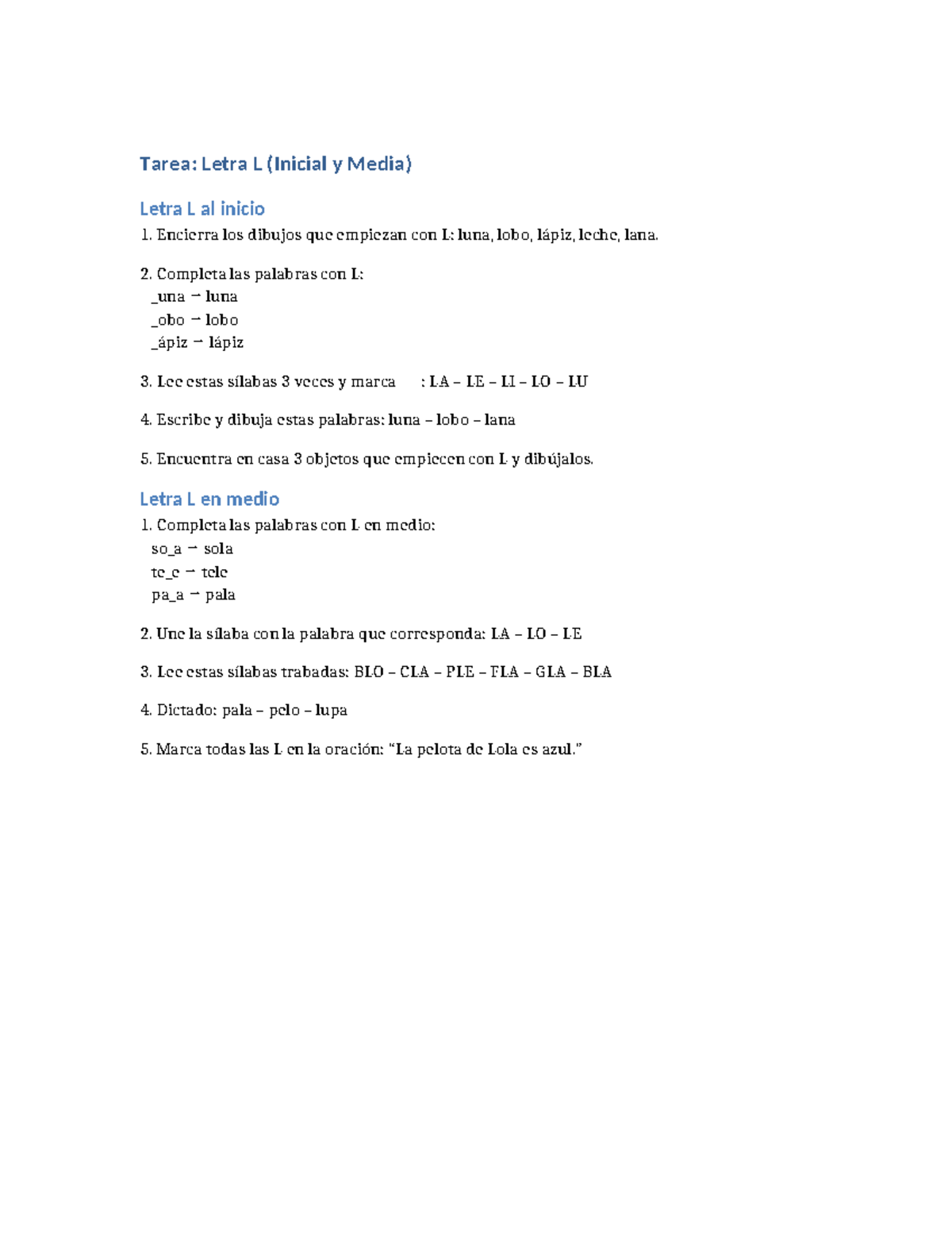 Tarea: Actividades del Fonema L (Inicial y Media) - Studocu