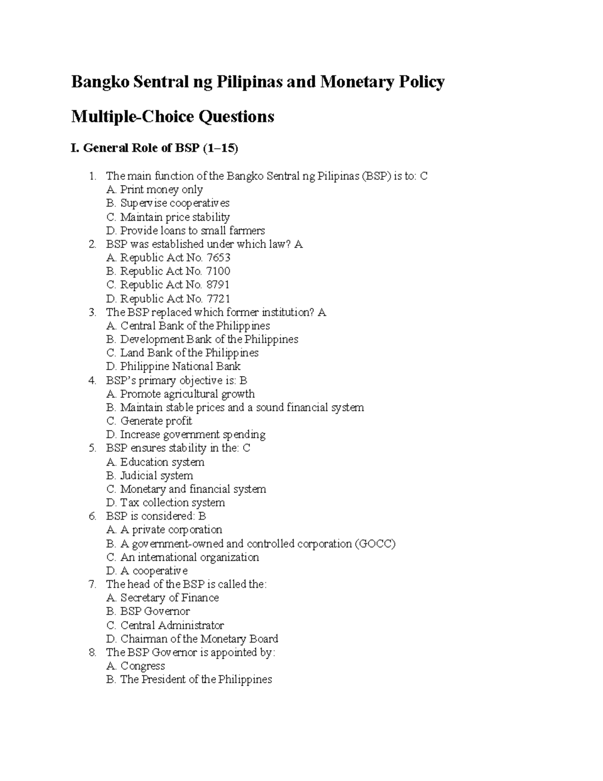 BSP Monetary Policy Quiz: Key Concepts and Answer Key - Studocu