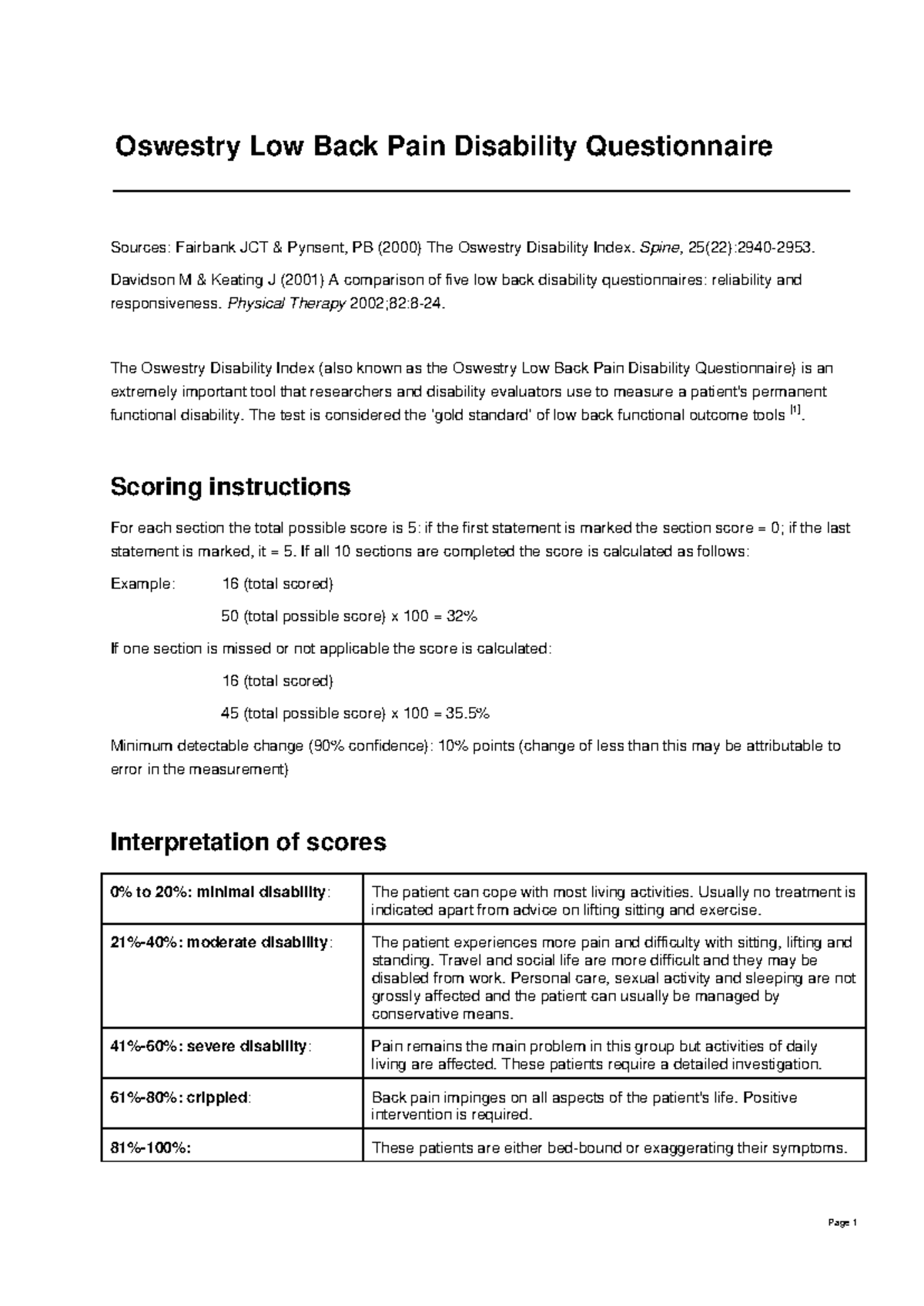 Oswestry Low Back Pain Disability Questionnaire: Scoring ...