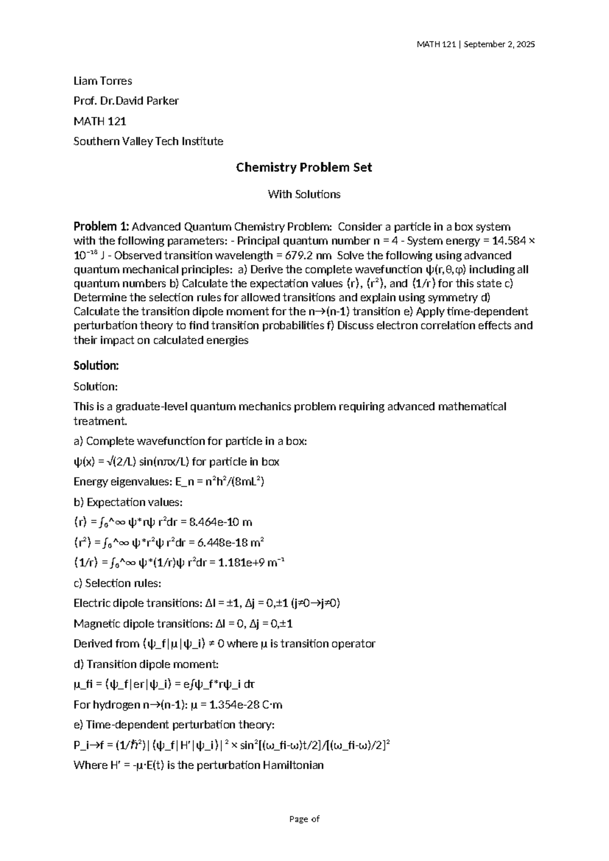 MATH 121 Advanced Quantum Chemistry Problem Set Solutions - Studocu