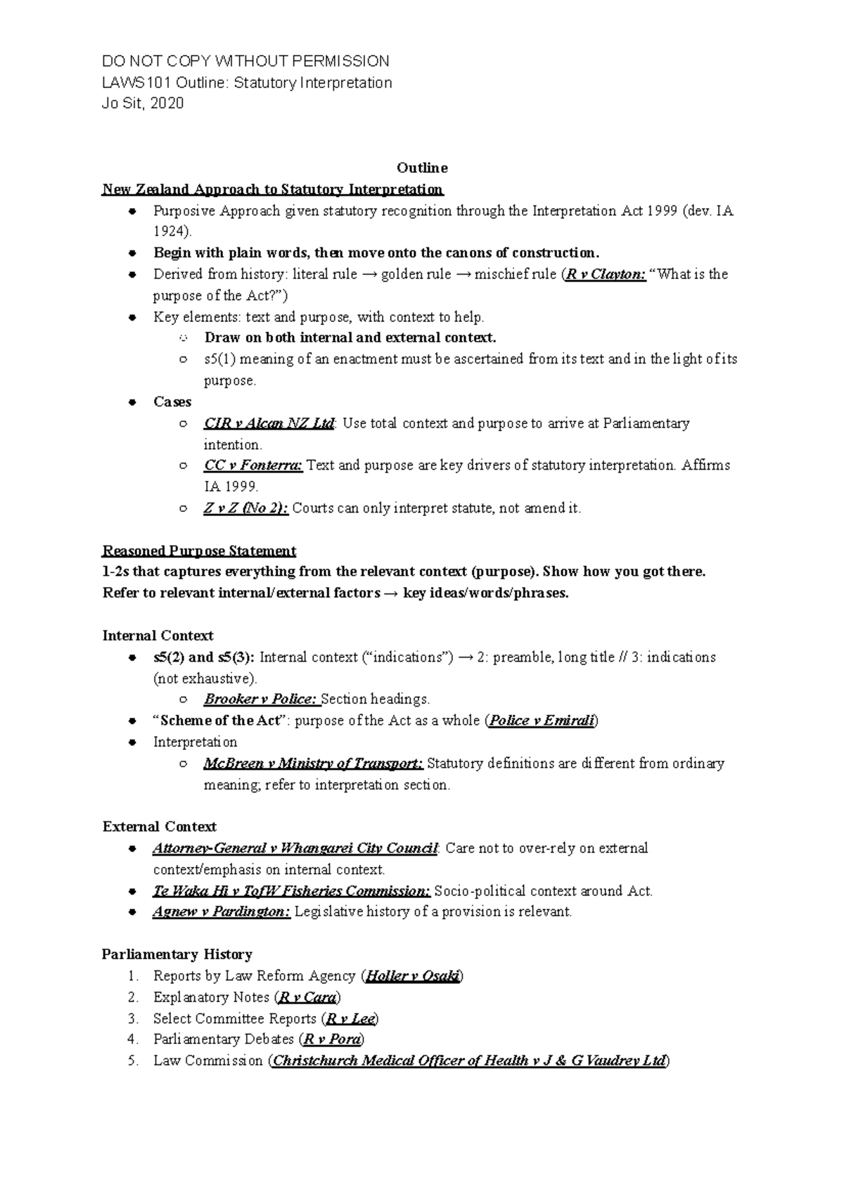 LAWS101 Statutory Interpretation Outline - Key Principles & Cases - Studocu