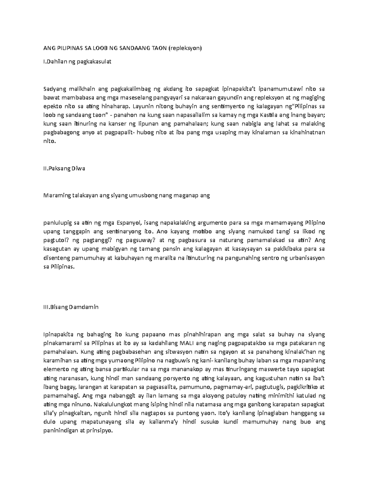 ANG Pilipinas SA LOOB NG Sandaang TAON - ANG PILIPINAS SA LOOB NG SANDAANG TAON (repleksyon) I ...