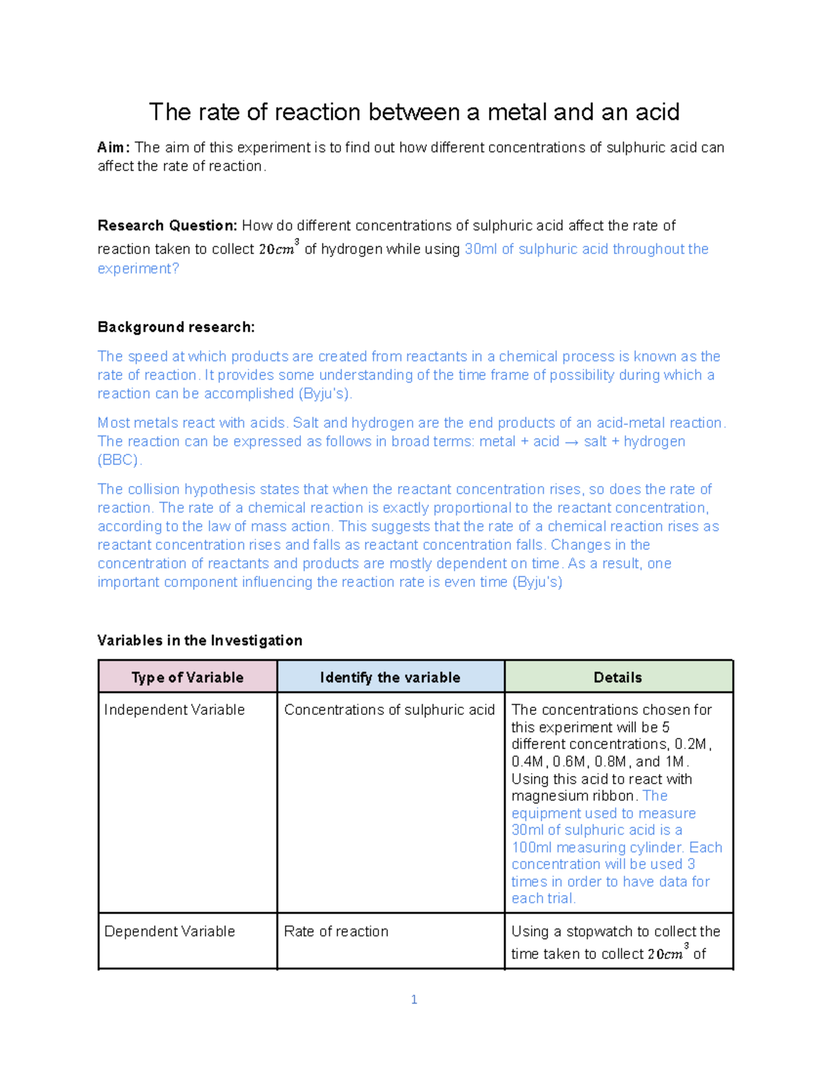 [Chemistry] Criterion B - Rate of Reaction - Ha Anh G9.docx - The rate ...