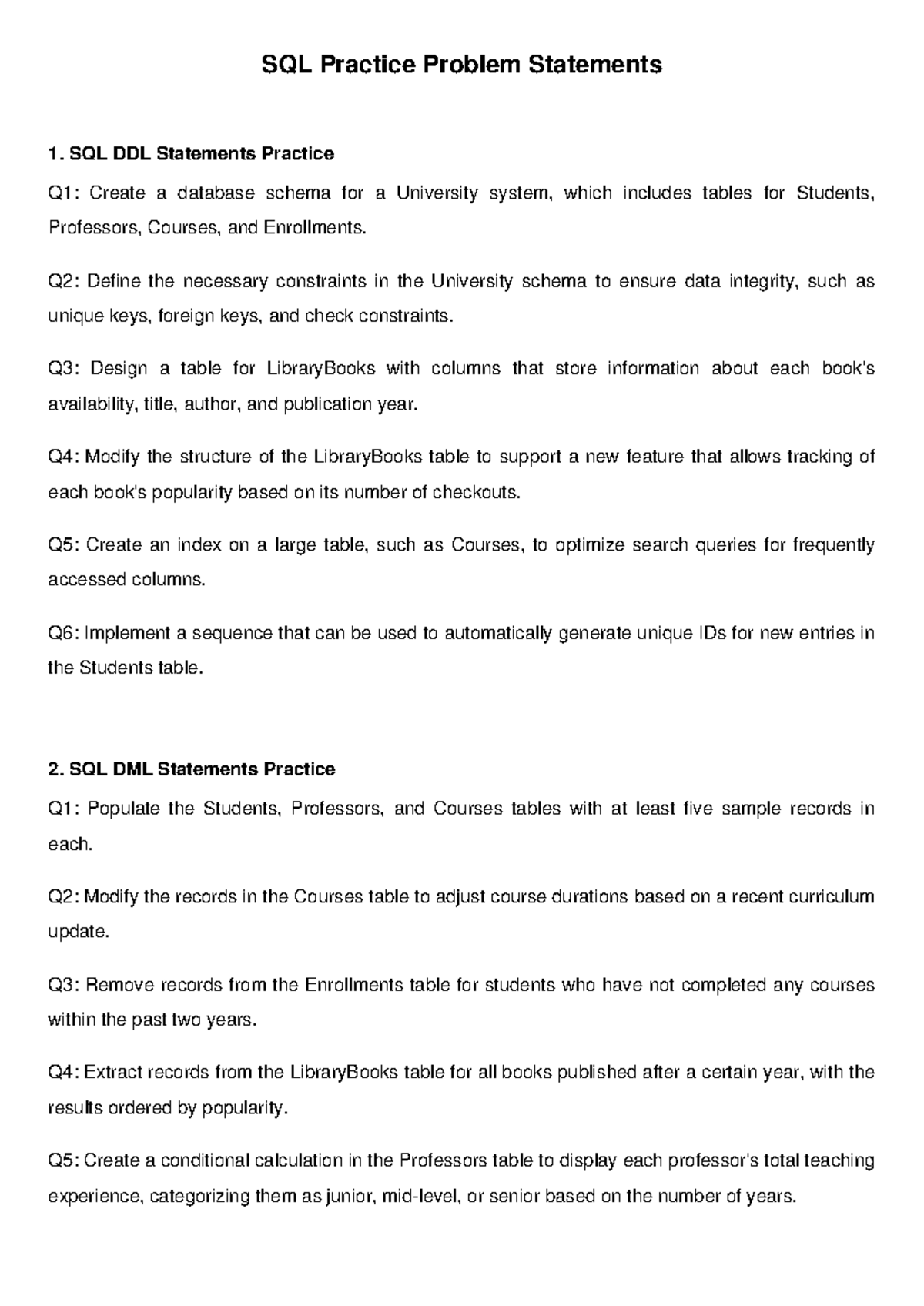 SQL Practice Problems: DDL & DML Exercises for Database Management ...