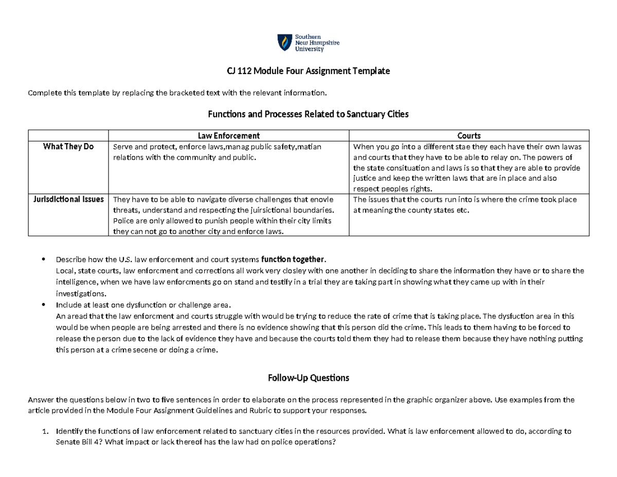 CJ 112 Module Four Assignment: Functions of Law Enforcement in ...