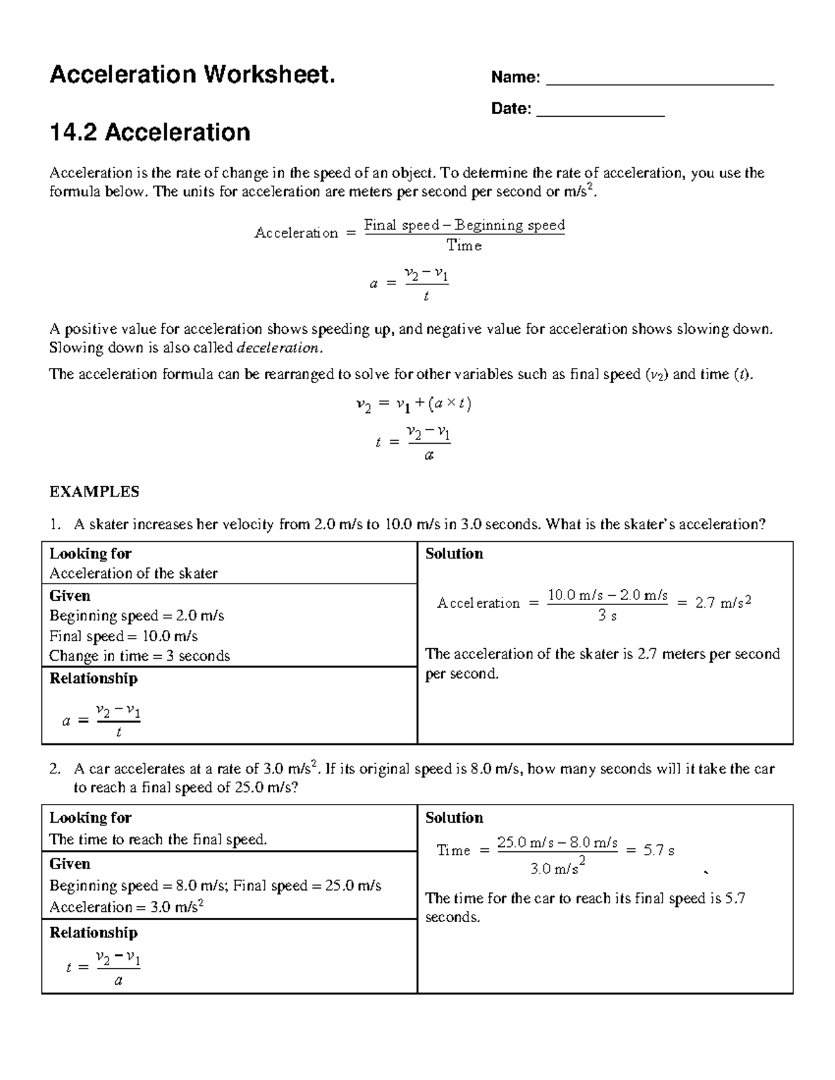 Acceleration Worksheet: Understanding and Calculating Acceleration ...
