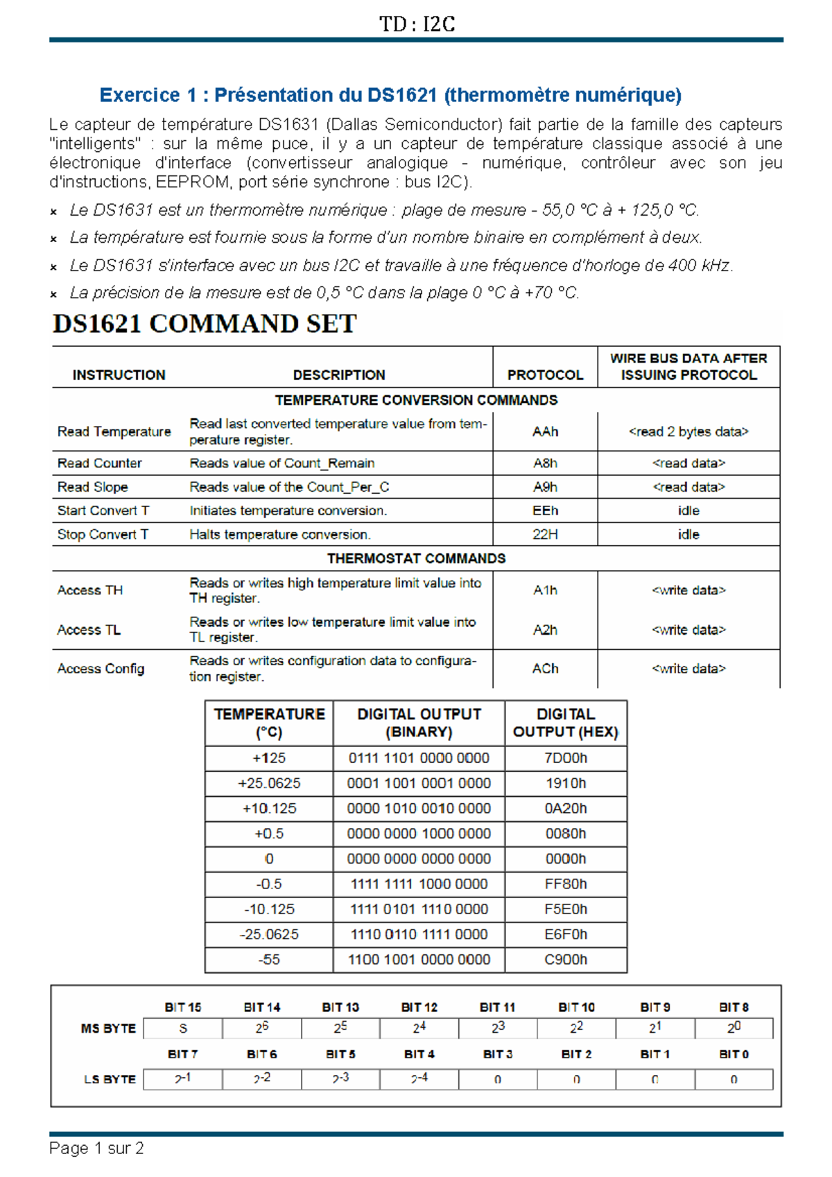TD : I2C Exercice 1 - Présentation du DS1631 (thermomètre numérique ...