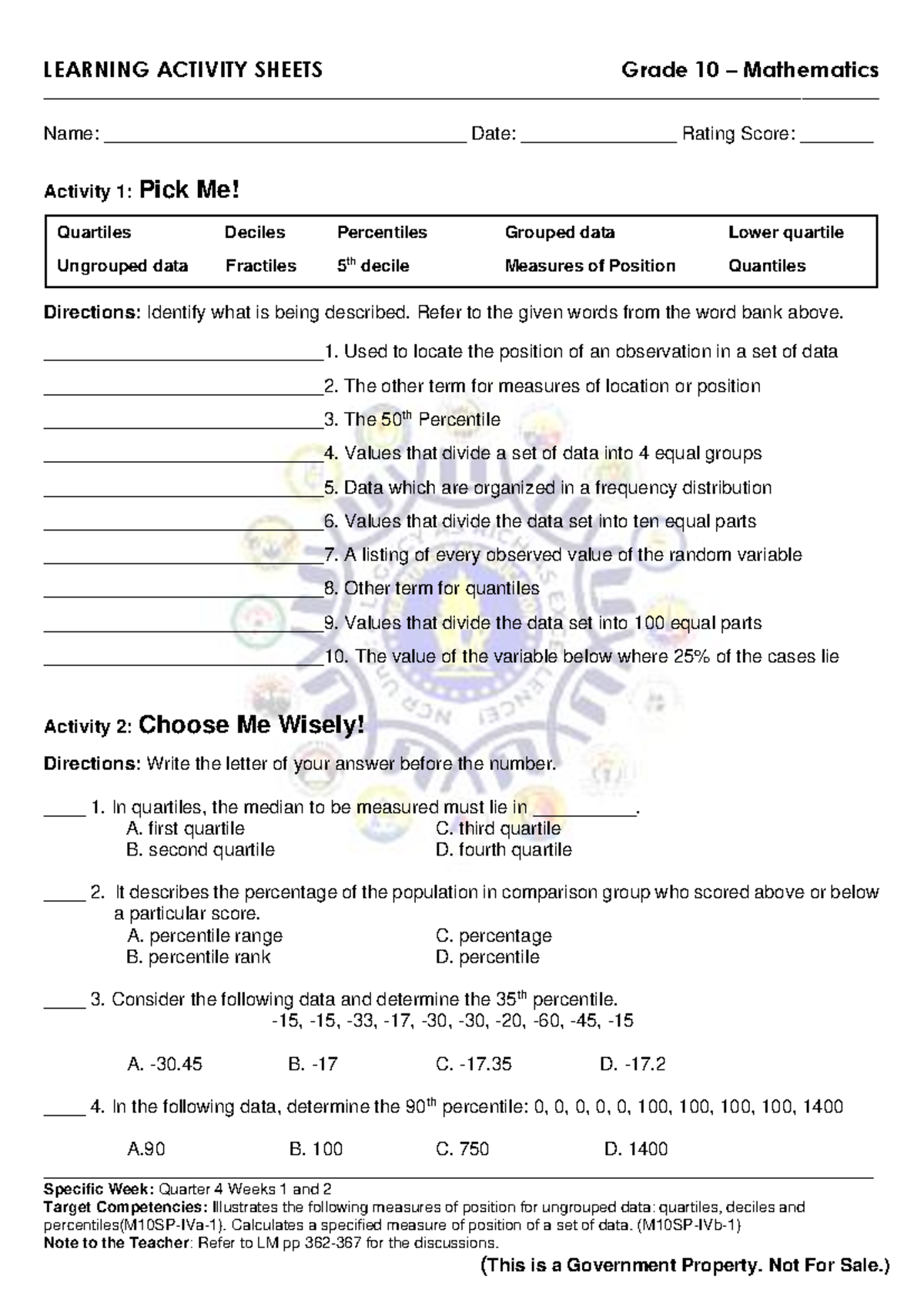 Math 10 Q4 Learning Activity Sheets on Measures of Position - Studocu