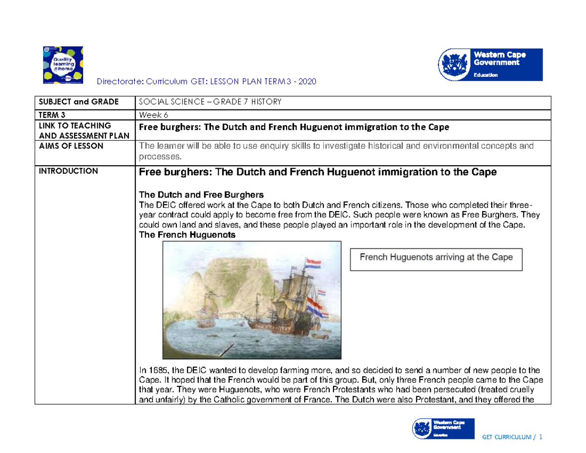 GET: Grade 7 History Lesson Plan - Term 3, Week 6 - Studocu
