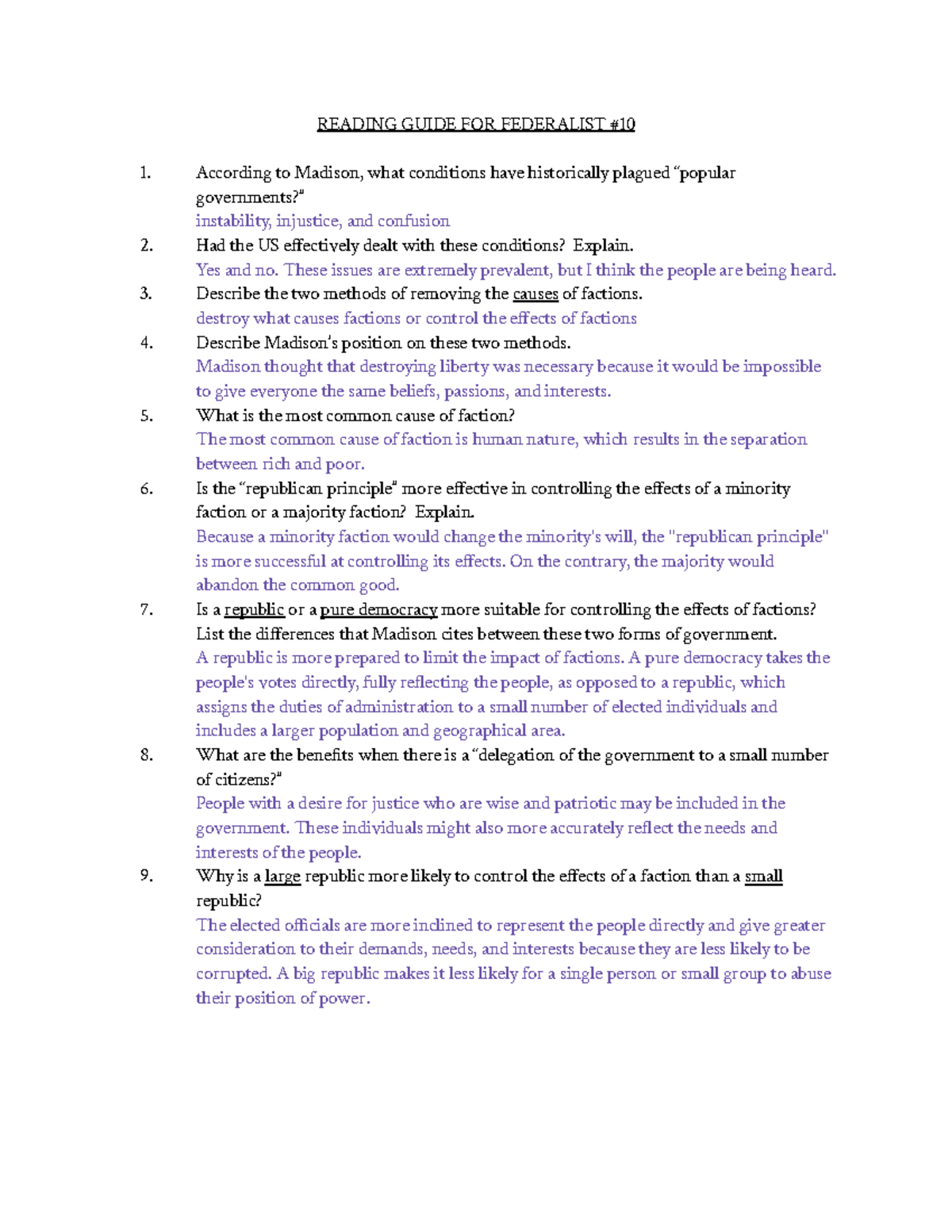 Federalist #10: Key Questions and Insights for Understanding - Studocu