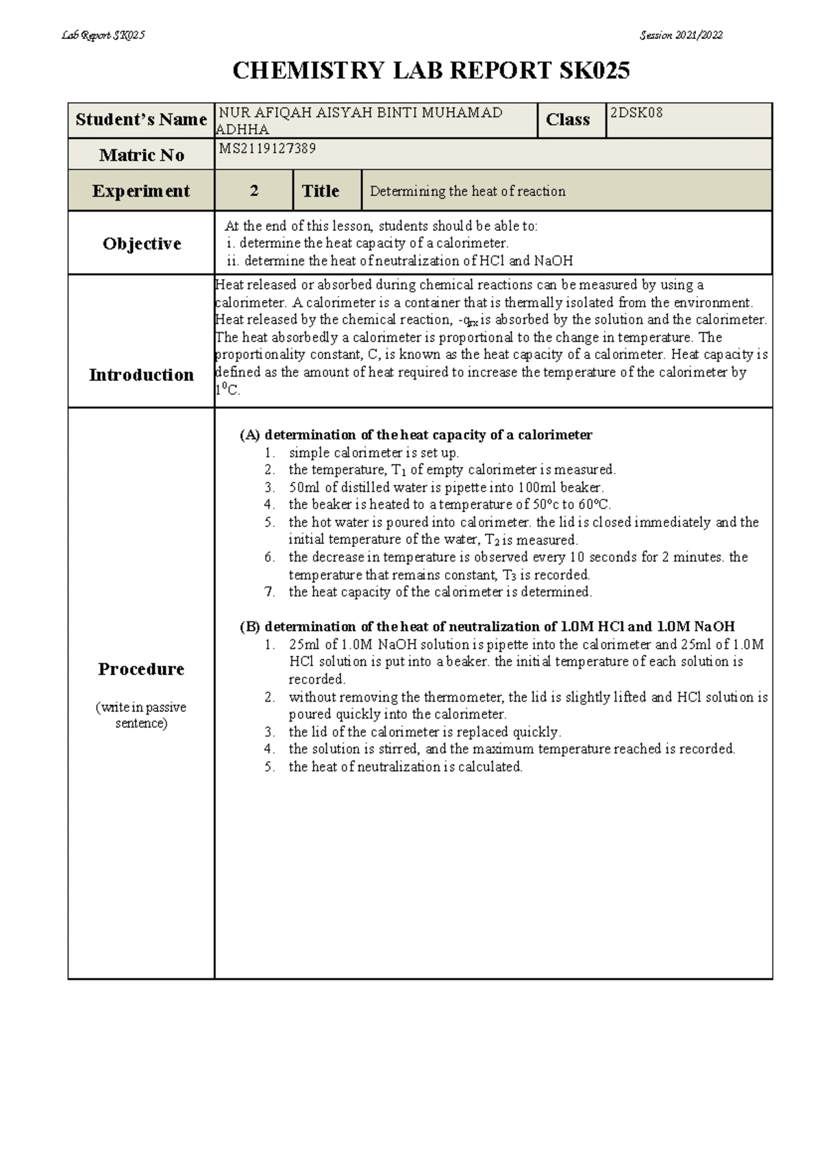 LAB Report 1 - CHEMISTRY LABORATORY REPORT EXPERIMENT 1 TITLE : NAME : PRACTICUM CLASS : 4DSF12a ...