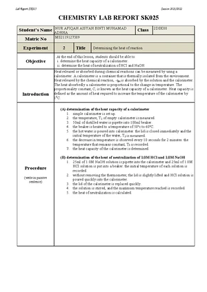 Lab report exp 1 - Lab Report SK025 Session 2021/ CHEMISTRY LAB REPORT ...