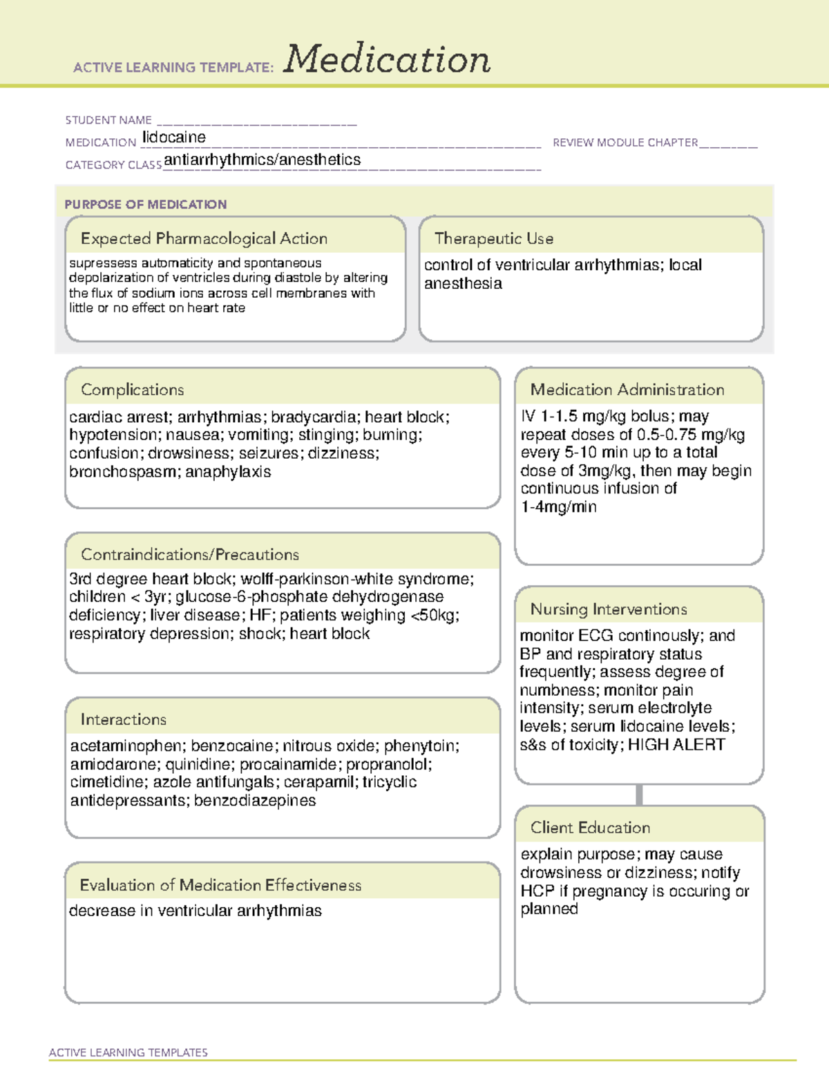 ATI Medication Guide: Lidocaine Active Learning Template - Studocu