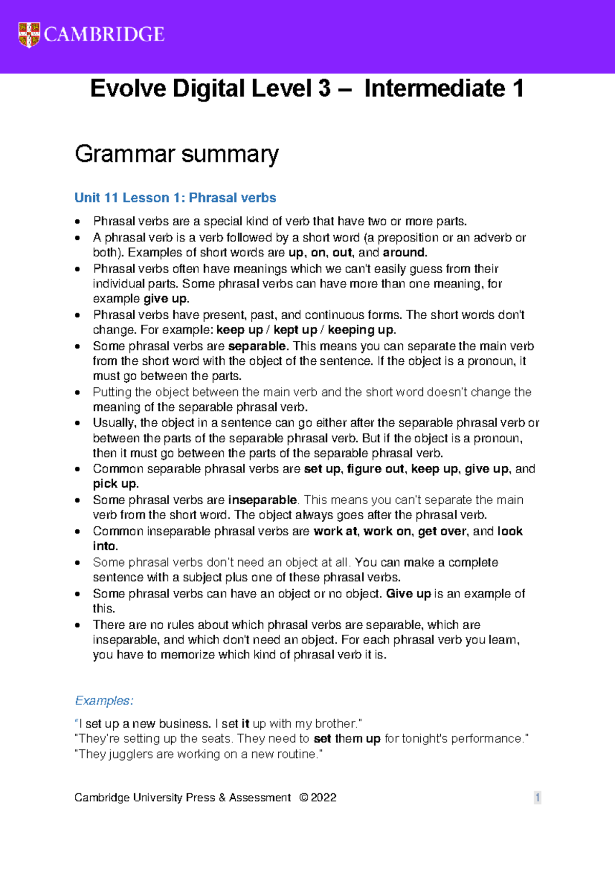 Unit 11 - I1 - Grammar Summary: Phrasal Verbs Explained - Studocu