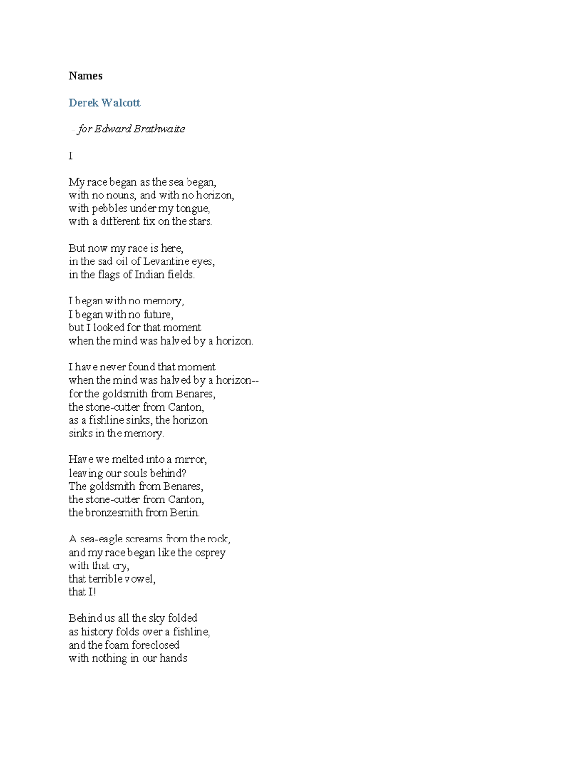 Names: A Study of Identity in Derek Walcott's Poetry - Studocu