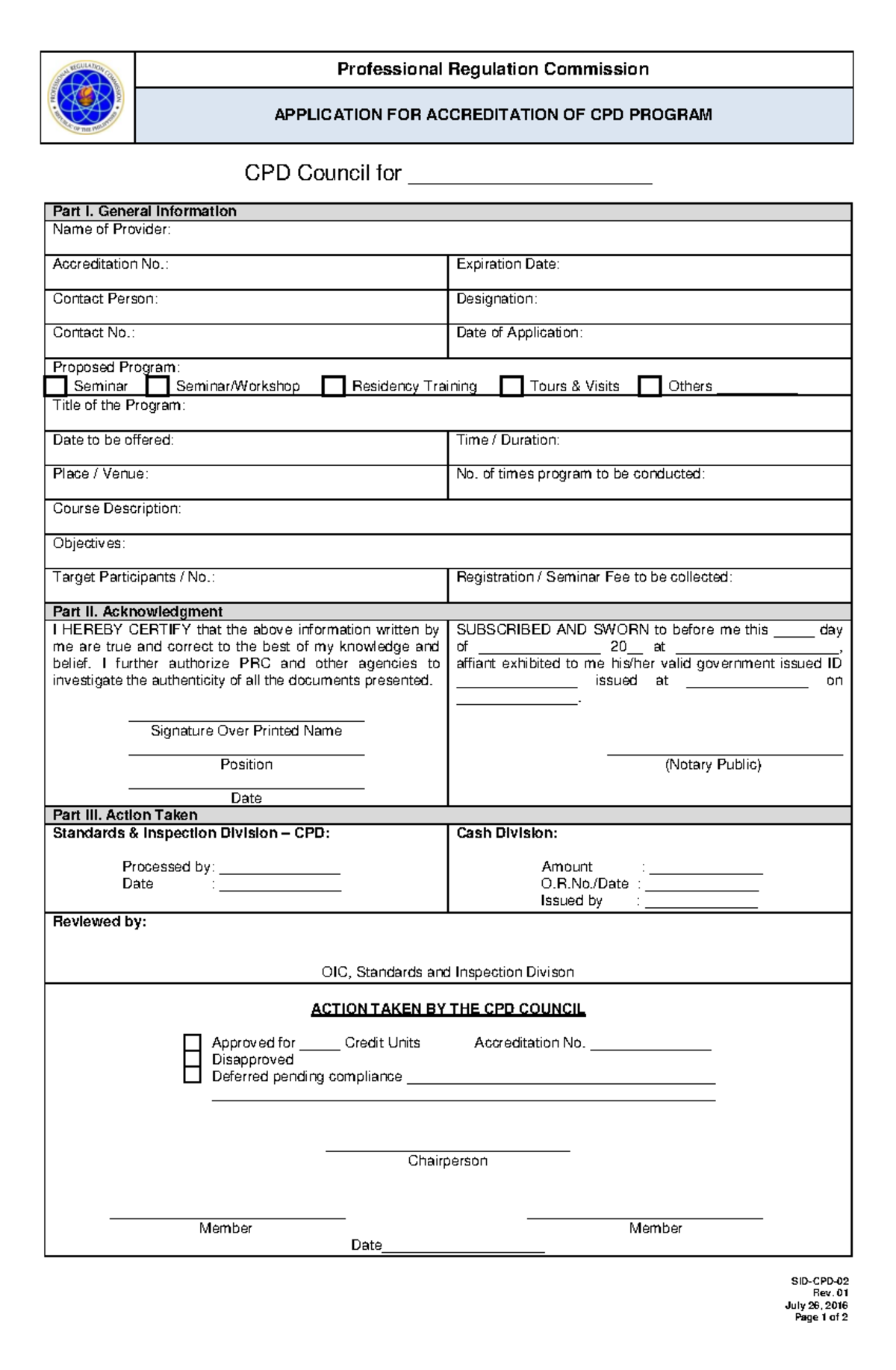 Accreditation Application for CPD Program - SID-CPD-02 Form - Studocu