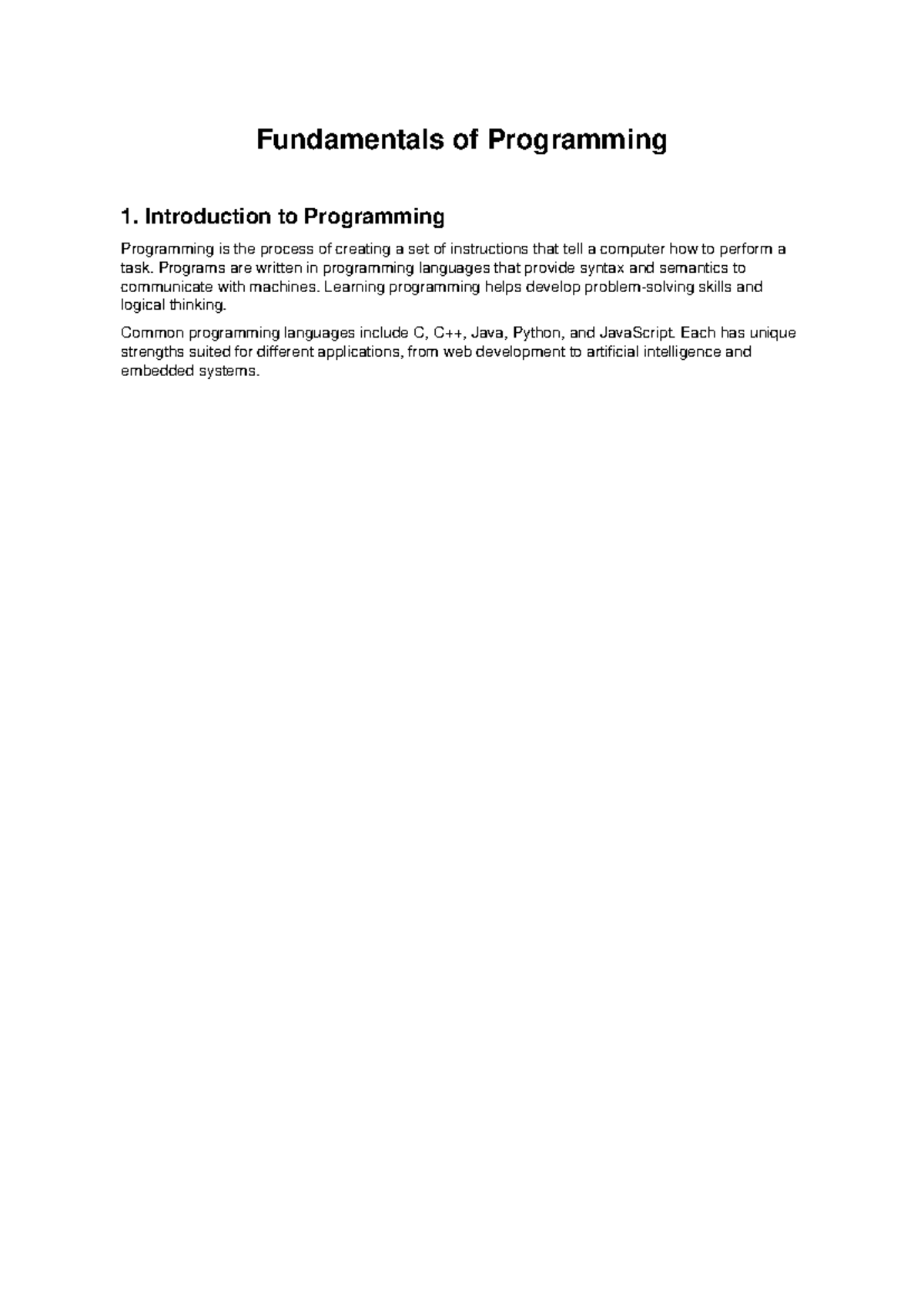 Fundamentals of Programming 1: Intro to Programming Concepts - Studocu