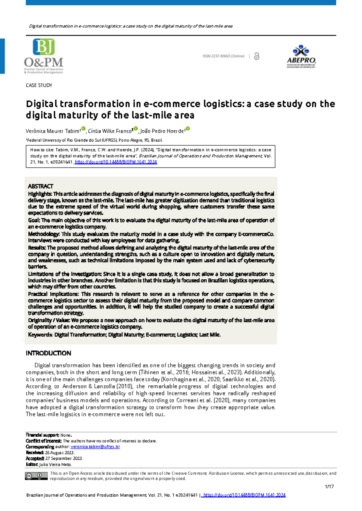 Digital Transformation in Logistics: A Case Study on Digital Maturity ...