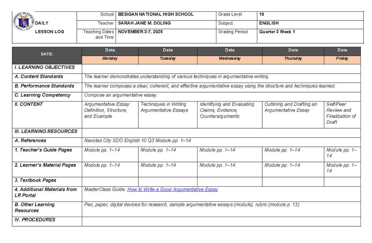 Q3 DLL ENG10 - Week 1: Argumentative Essay Techniques - Studocu