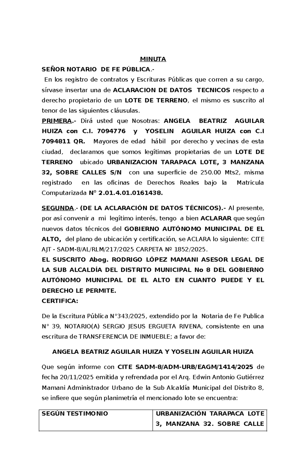Minuta de Aclaración de Datos Técnicos - Lote de Terreno - Studocu