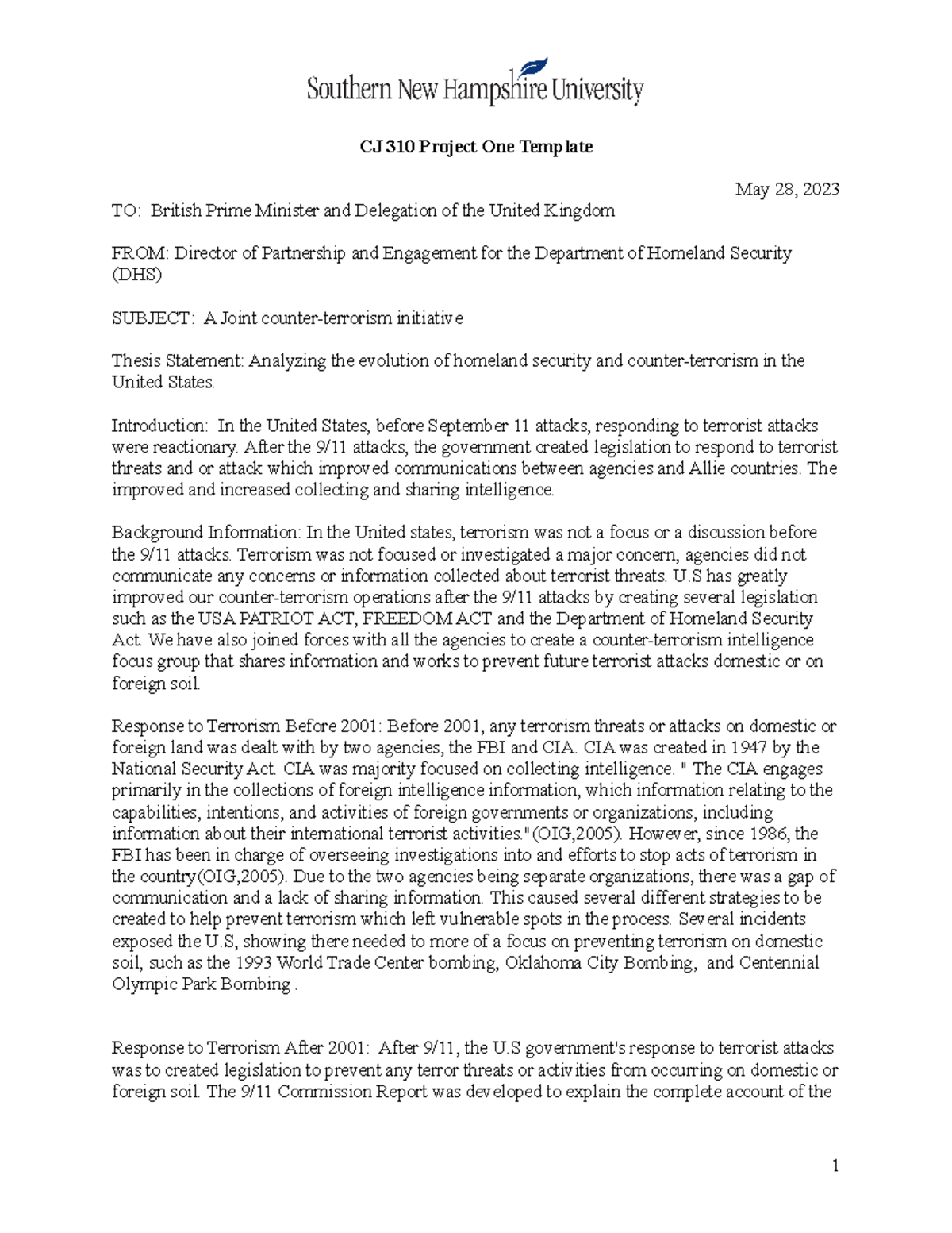 CJ310 Project One: Counter-Terrorism Initiatives Post-9/11 Analysis ...