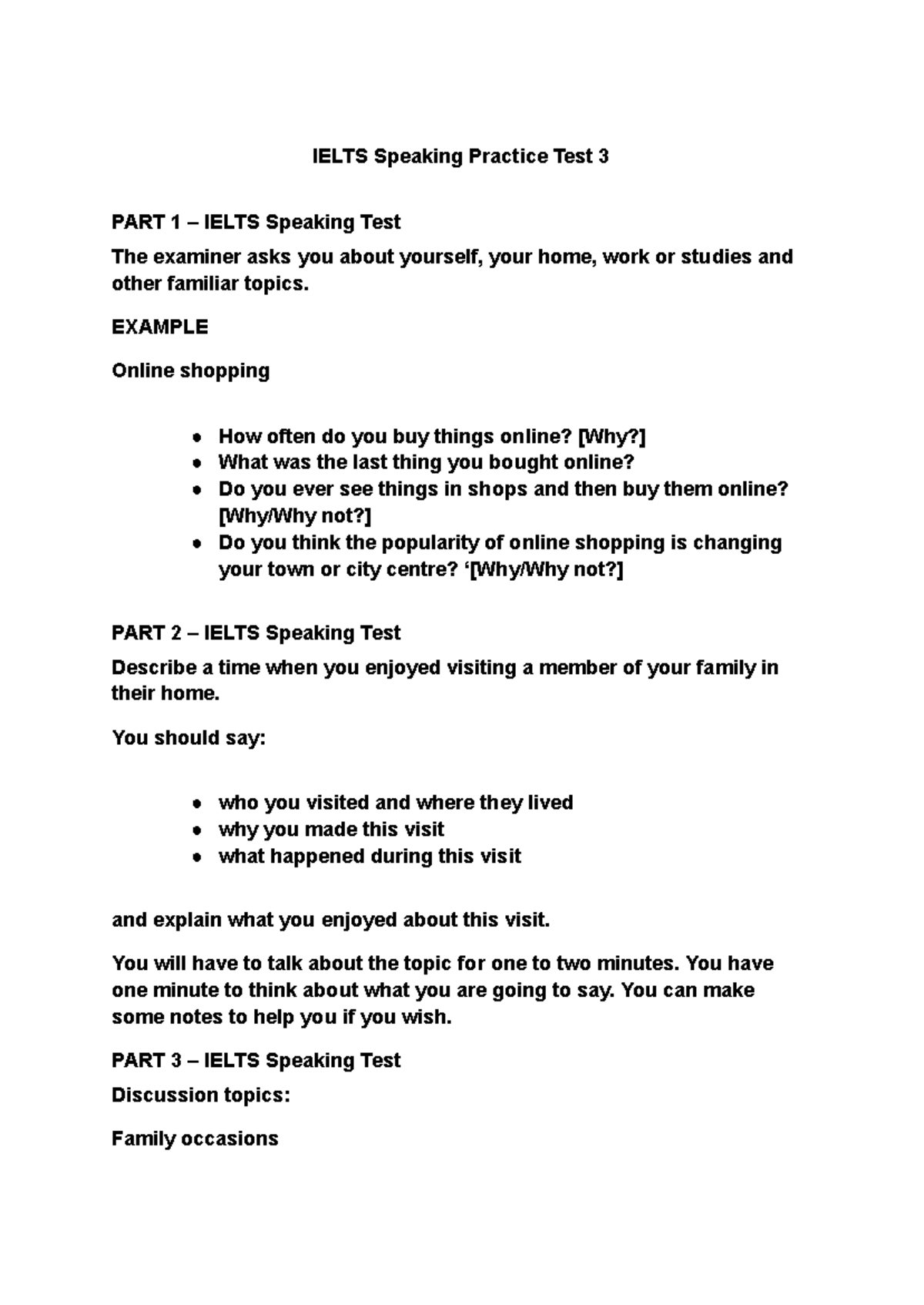 IELTS Speaking Practice Test 3: Topics & Discussion Guide - Studocu