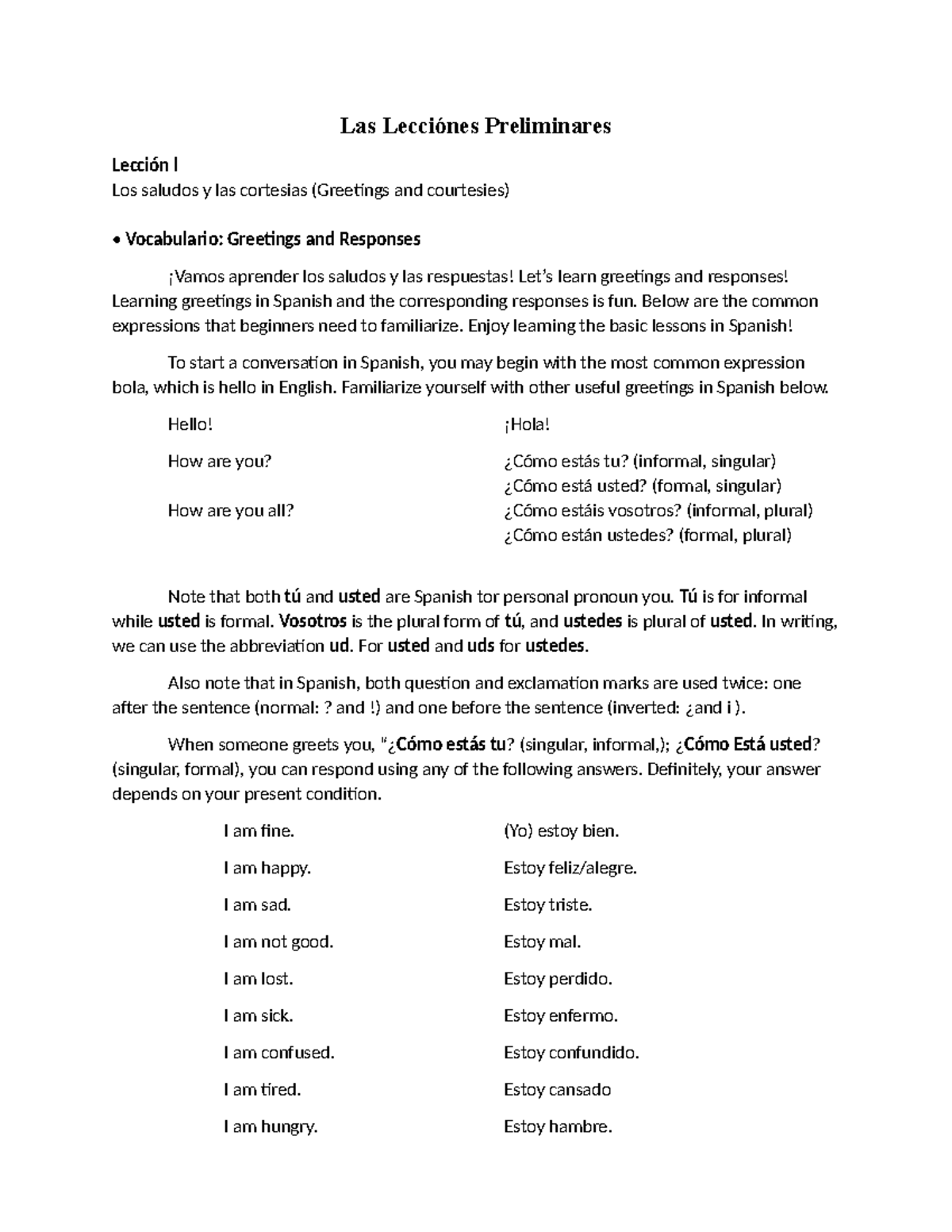Spanish-language-LS1 - Las Lecciónes Preliminares Lección l Los saludos ...