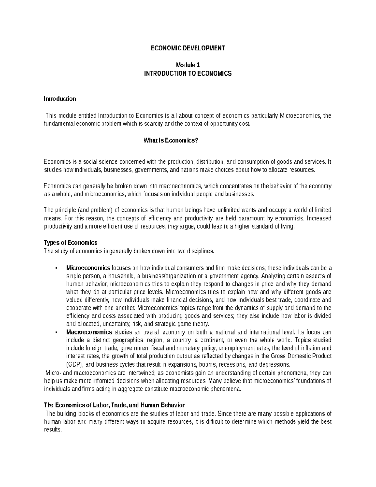Economic Development Prelim Modules - ECONOMIC DEVELOPMENT Module 1 ...