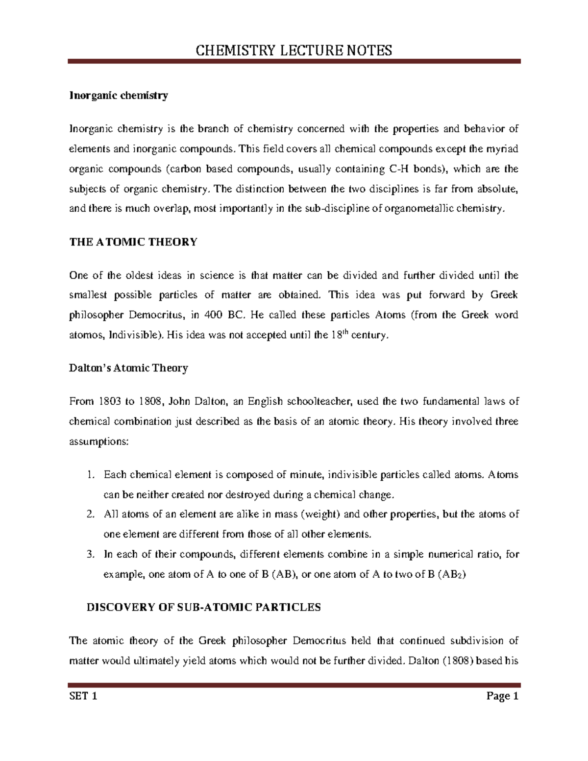 CHEM 101 LECTURE NOTES: Inorganic Chemistry & Atomic Theory - Studocu
