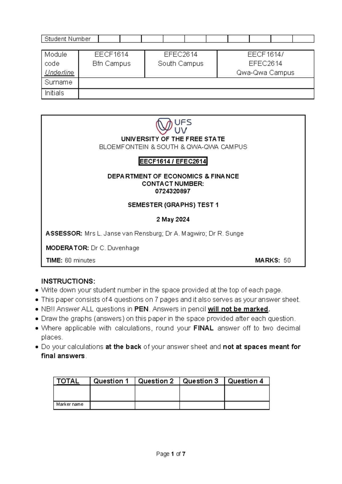 EECF1614/EFEC Graphs Test 1 Memo - Detailed Solution Guide - Studocu