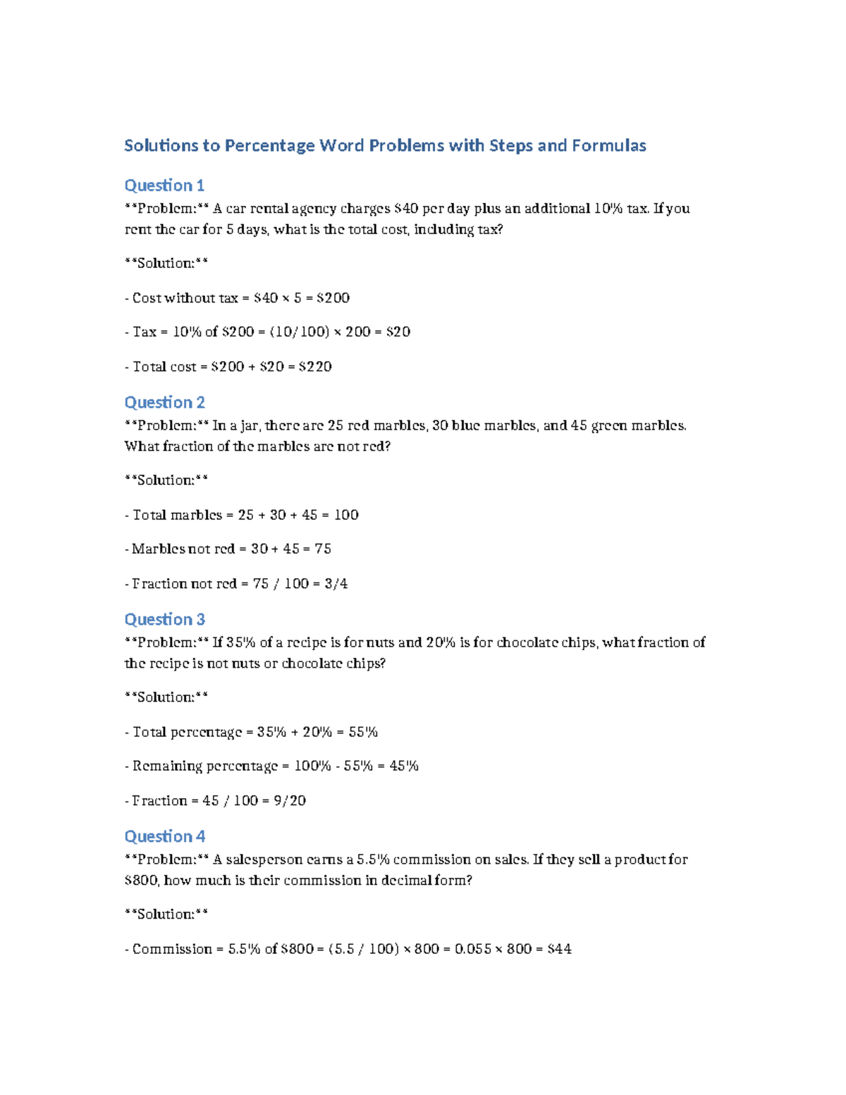 Percentage Word Problems Solutions with Steps and Formulas - Studeersnel