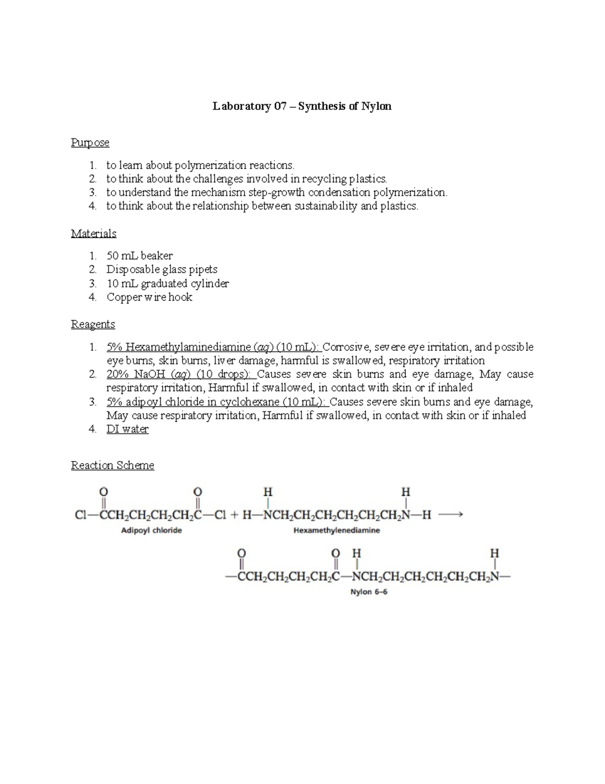 Lab 7 CB - Synthesis of Nylon-6,6: Polymerization & Sustainability ...