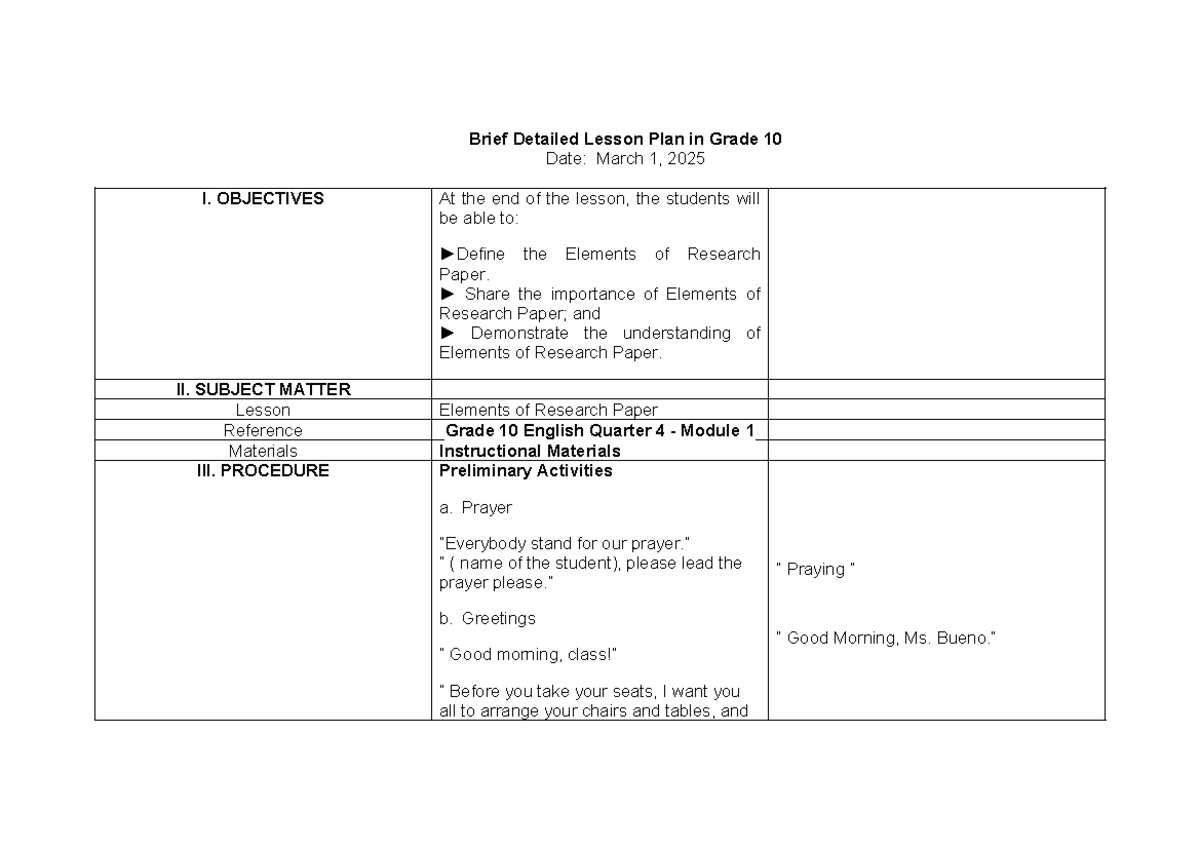 Detailed Lesson Plan on Elements of Research Paper - Grade 10 - Studocu