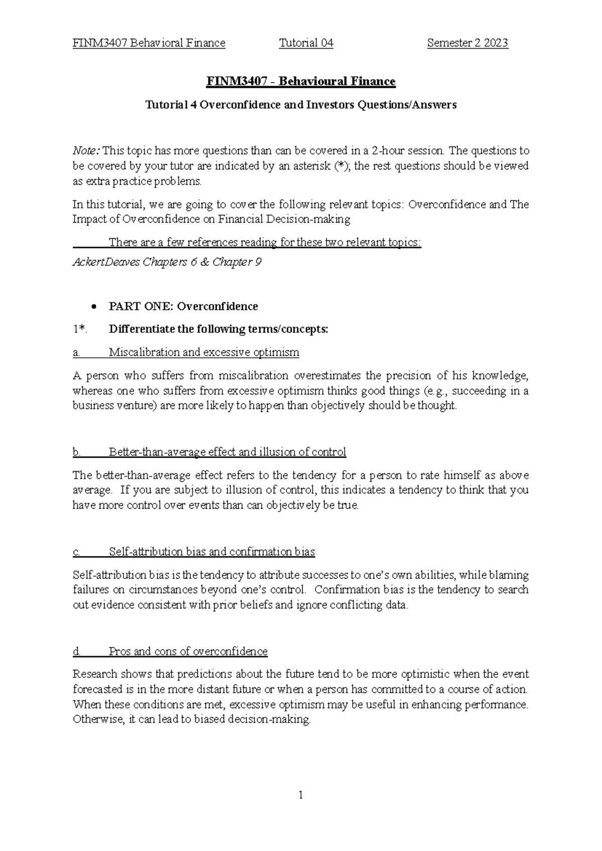 FINM3407 Tutorial 04: Overconfidence in Behavioral Finance Answers ...