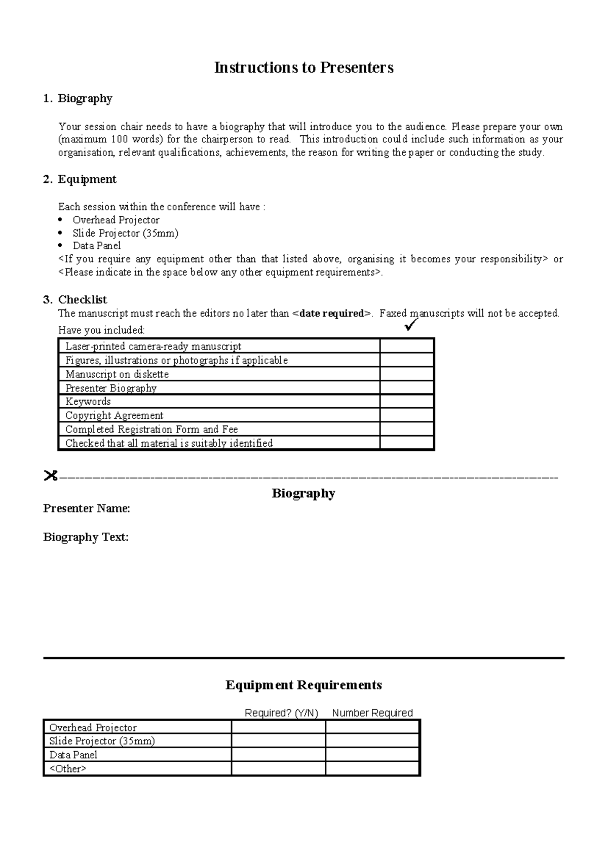 Instructions for Presenters: Biography, Equipment & Checklist - Studocu