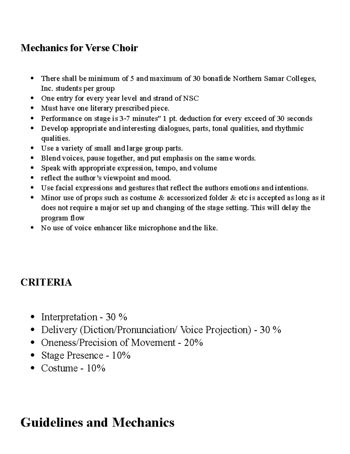 Mechanics and Guidelines for Verse Choir Competition (NSC) - Studocu