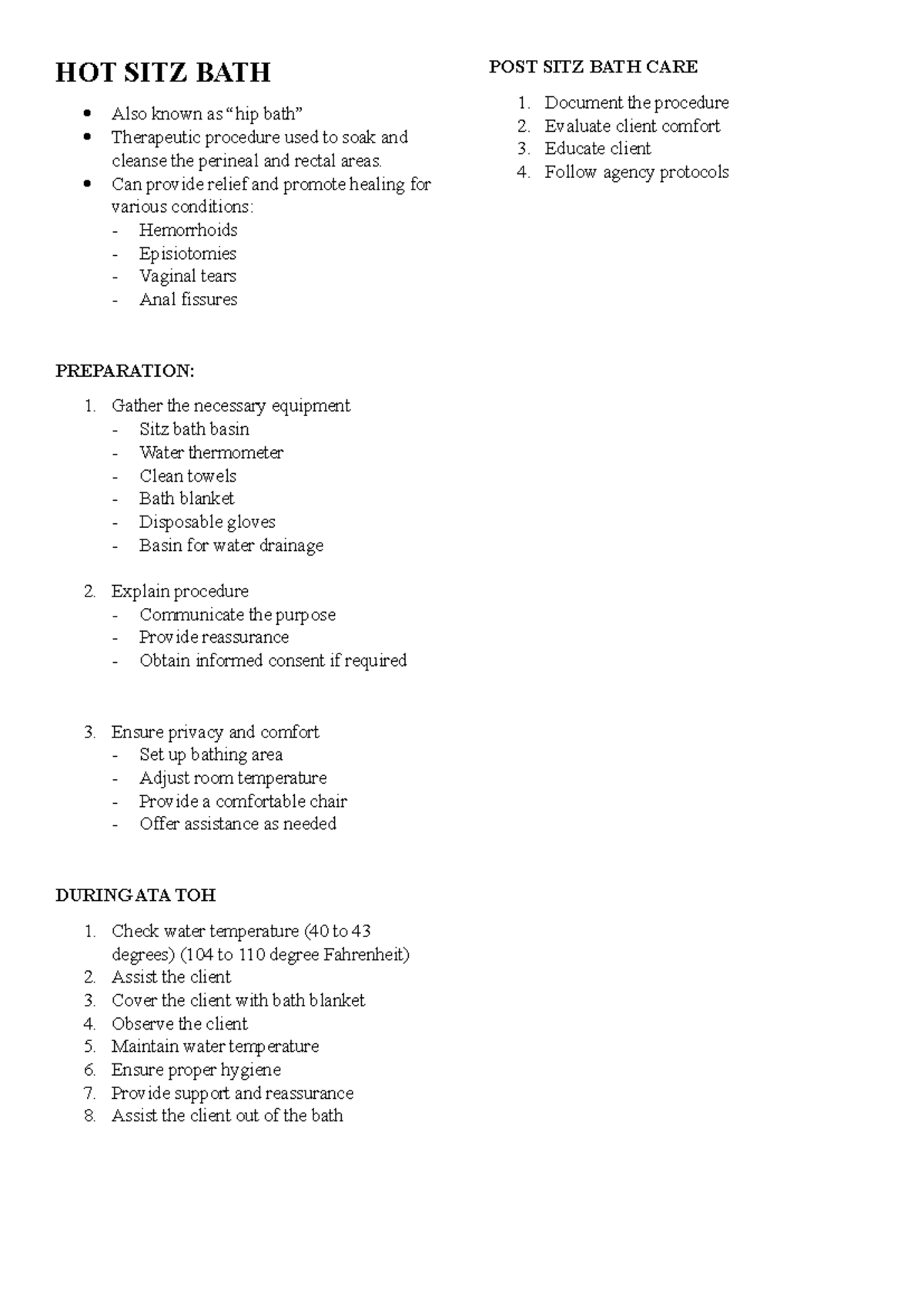 Final Exam Notes on Hot Sitz Bath and Nebulization Techniques - Studocu