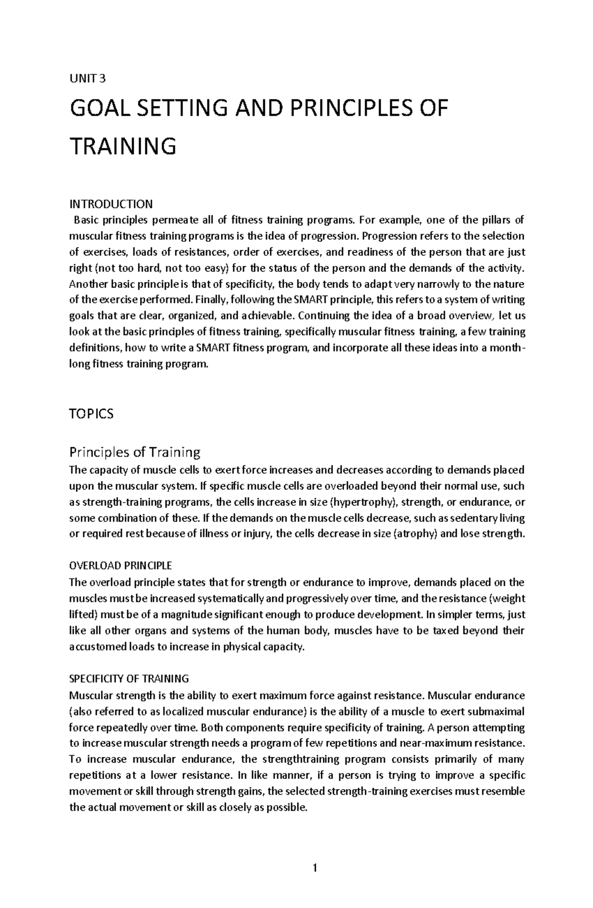 PE32 UNIT III Goal Setting and Principles of Training - UNIT 3 GOAL ...