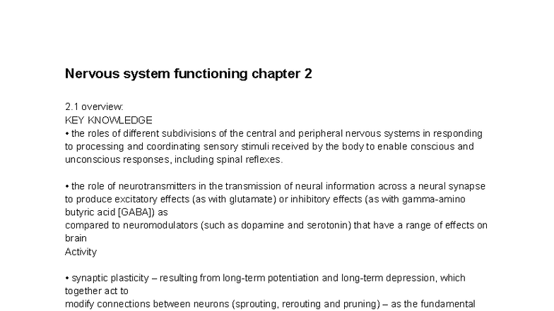 Psychology yr 12 - year 12 psych - Nervous system functioning chapter 2 2 overview: KEY ...