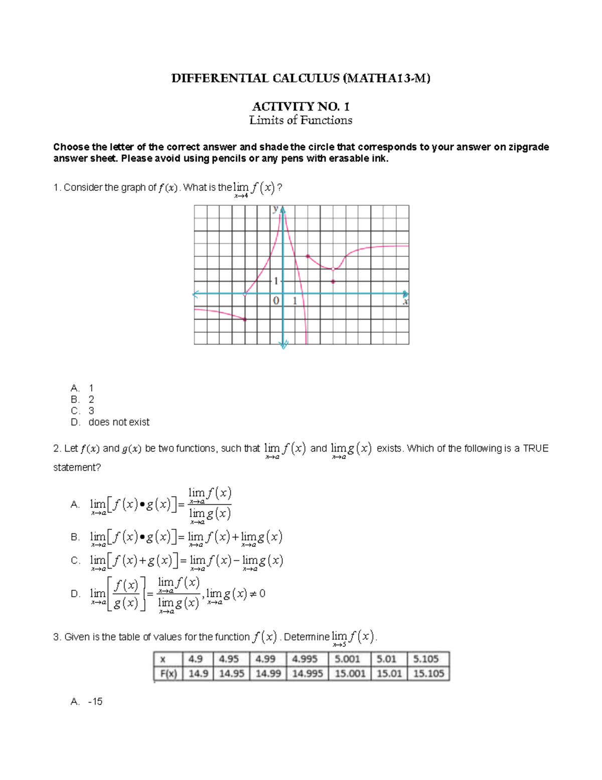 DIFFERENTIAL CALCULUS ACTIVITY NO. 1: Limits of Functions - Studocu