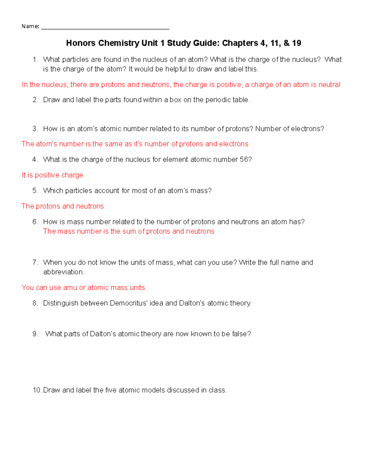 Unit 1 Study guide - Honors Chemistry Unit 1 Study Guide: Chapters 4 ...