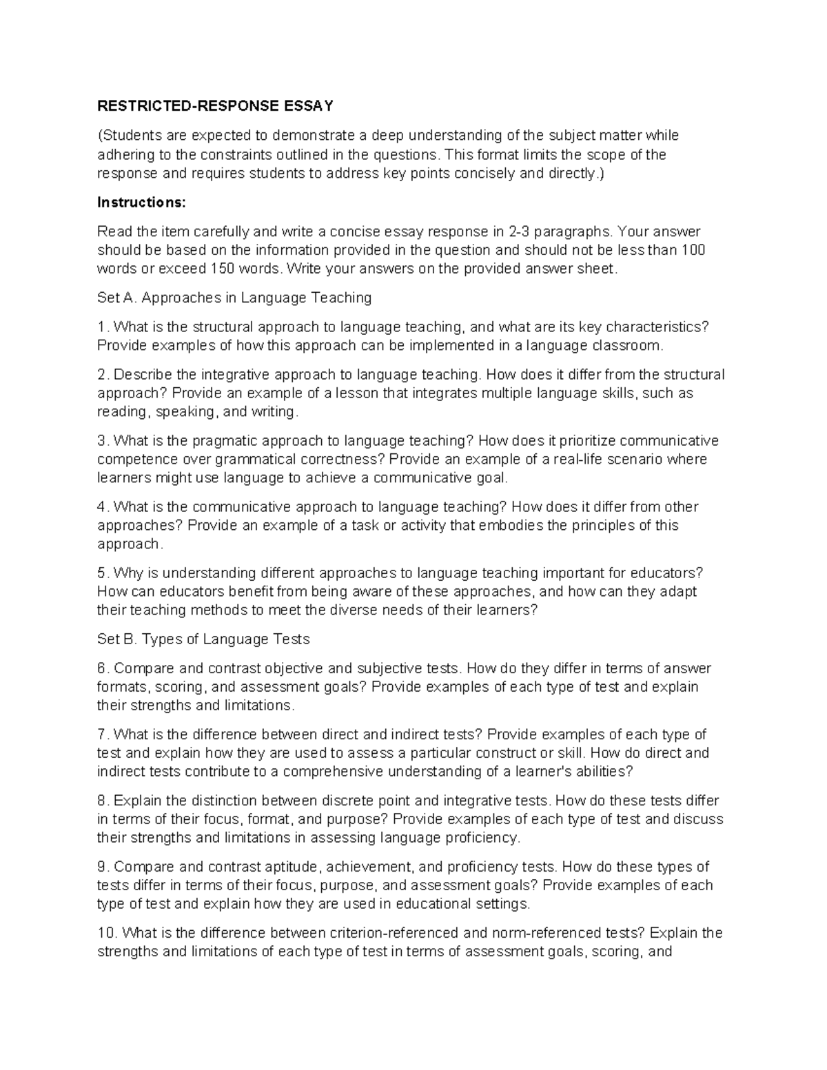 Restricted-Response Essay: Approaches & Tests in Language Teaching ...