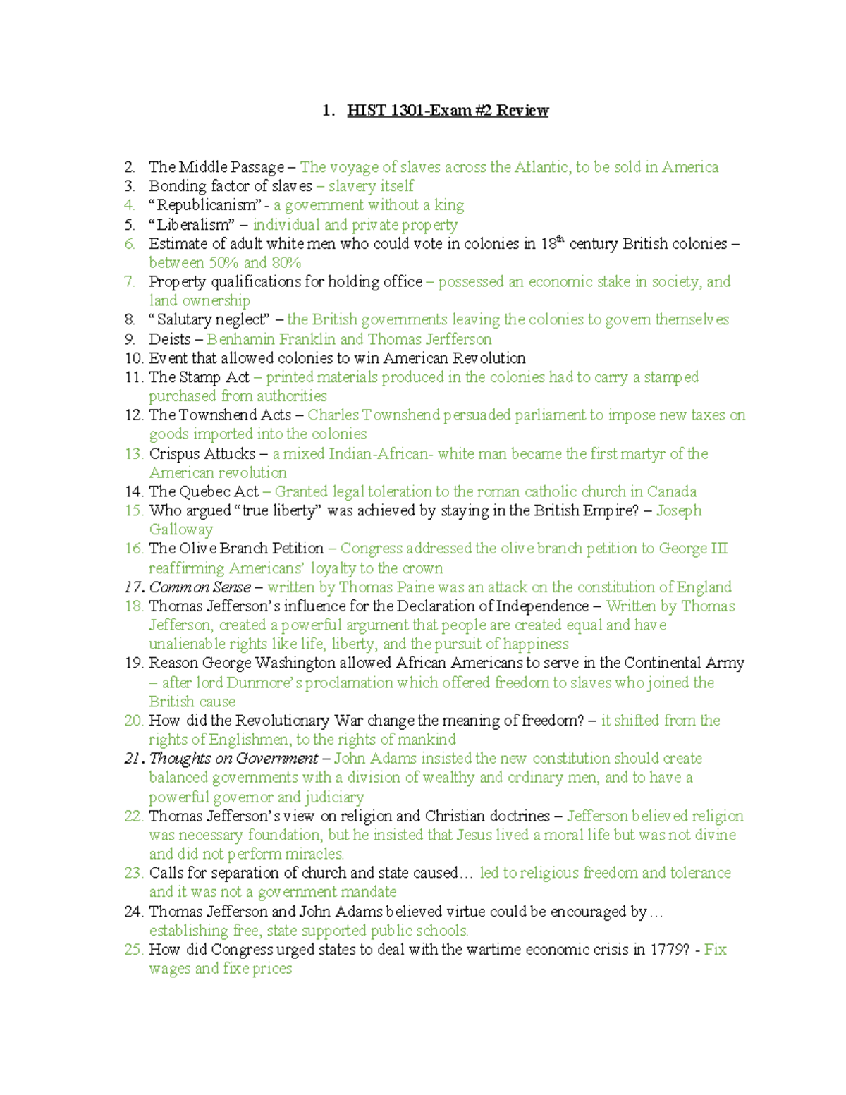 HIST 1301 - Exam #2 Review: Key Concepts & Figures - Studocu