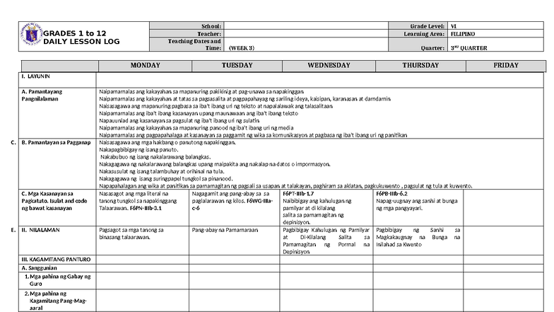 Filipino DLL - Daily Lesson Log for Grades 1-12 (Week 3) - Studocu